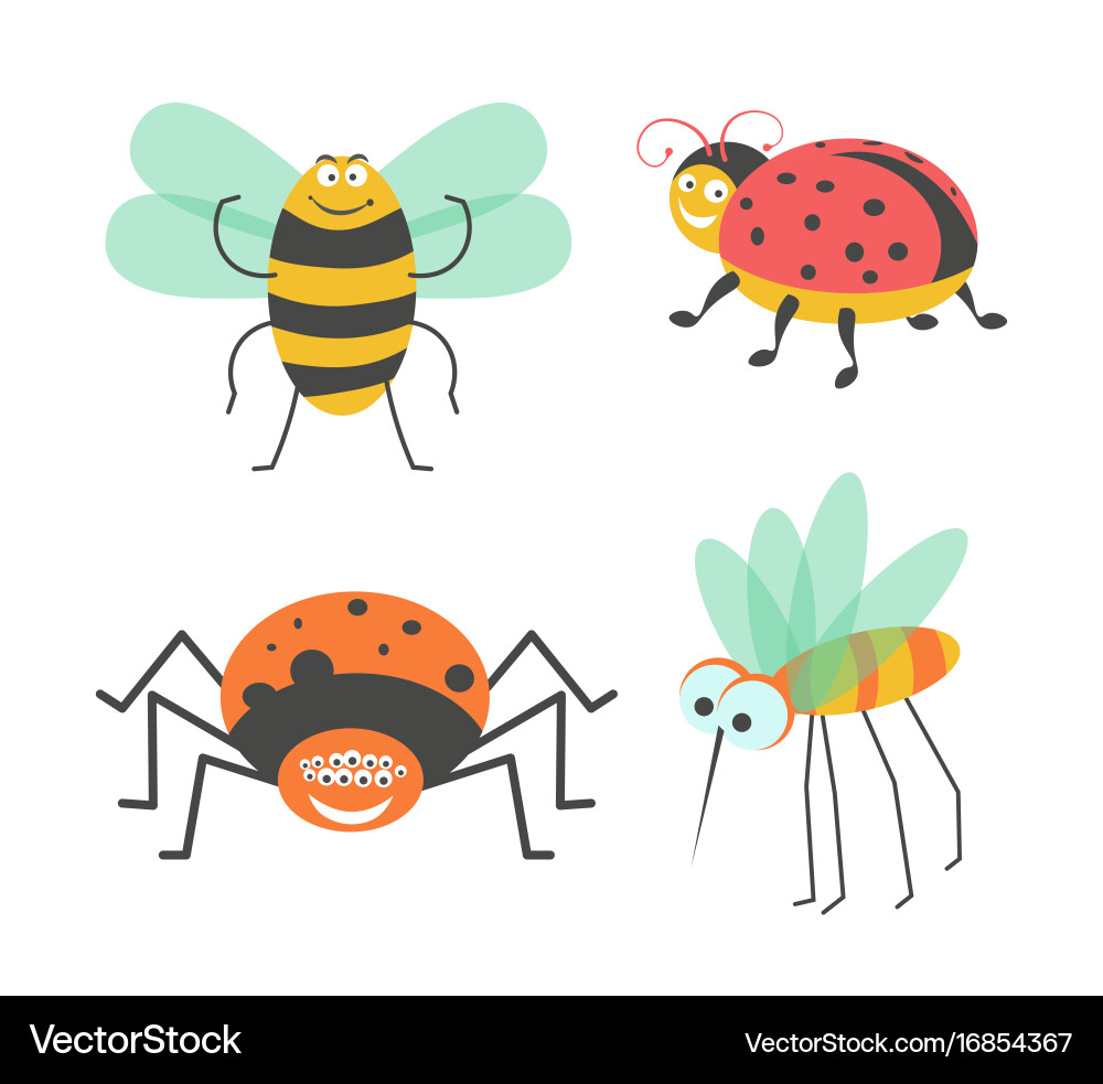Funny insects with cute faces isolated Royalty Free Vector