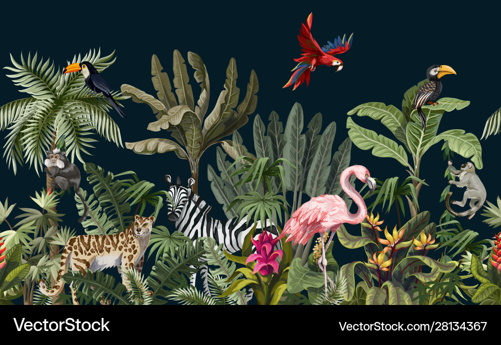 Seamless border with jungle animals flowers Vector Image