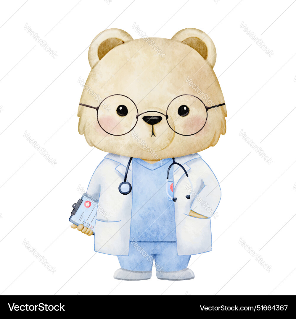 Watercolor bear doctor animal cute Royalty Free Vector Image