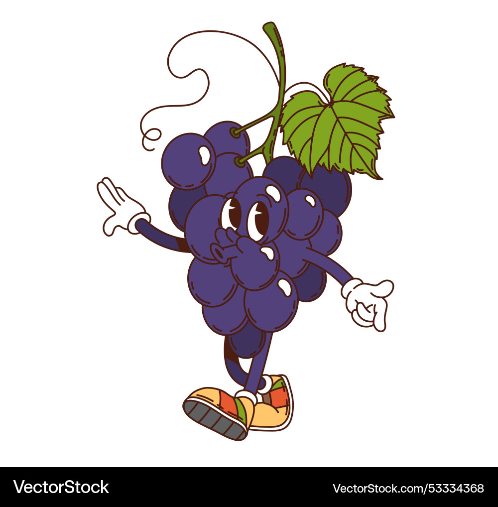 Cartoon groovy grape fruit character with leaf Vector Image