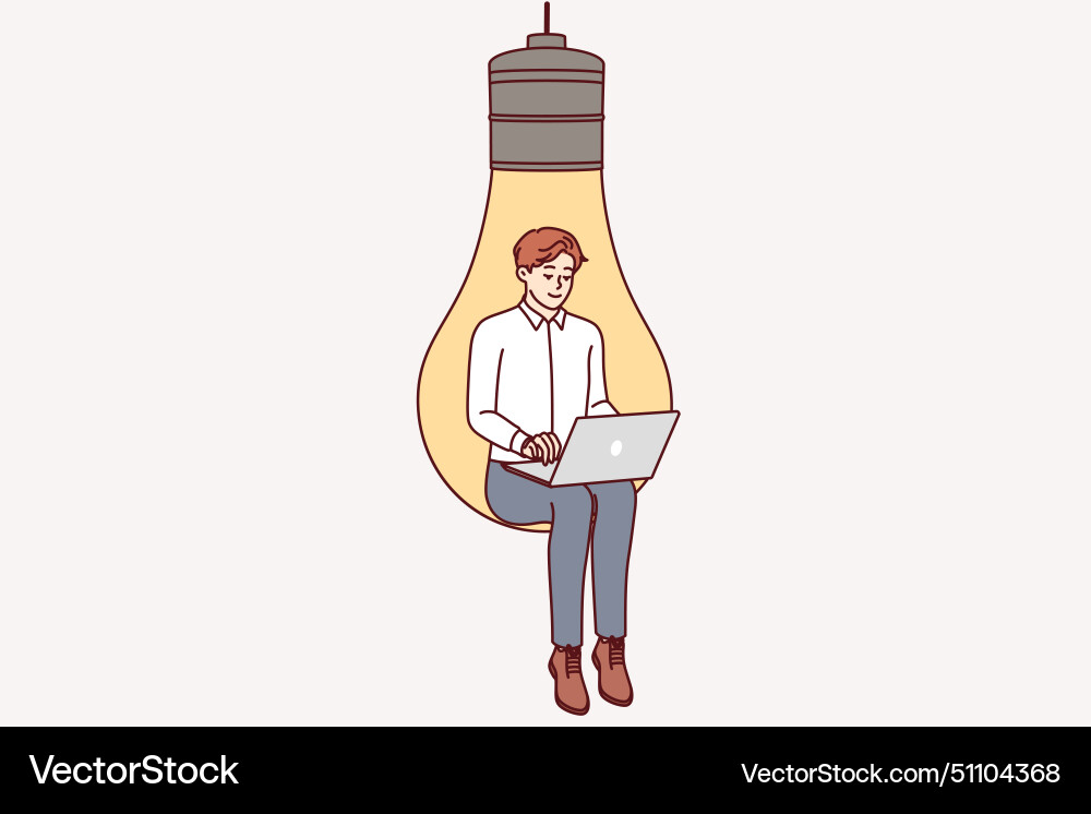 Man inventor with laptop sits in light bulb Vector Image