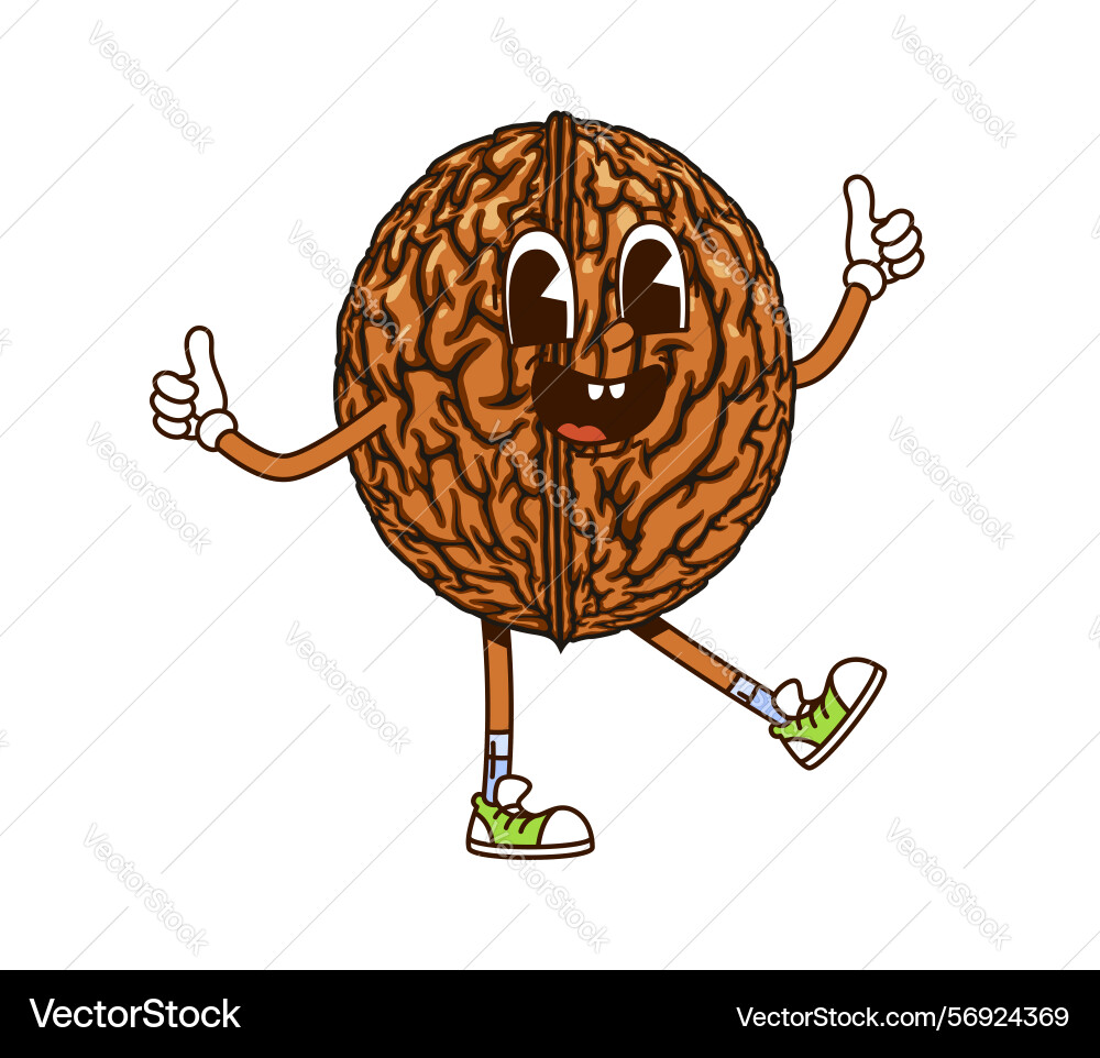 Cartoon groovy walnut nut character funny face Vector Image