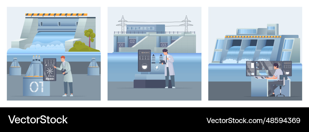 Hydro stations flat set Royalty Free Vector Image