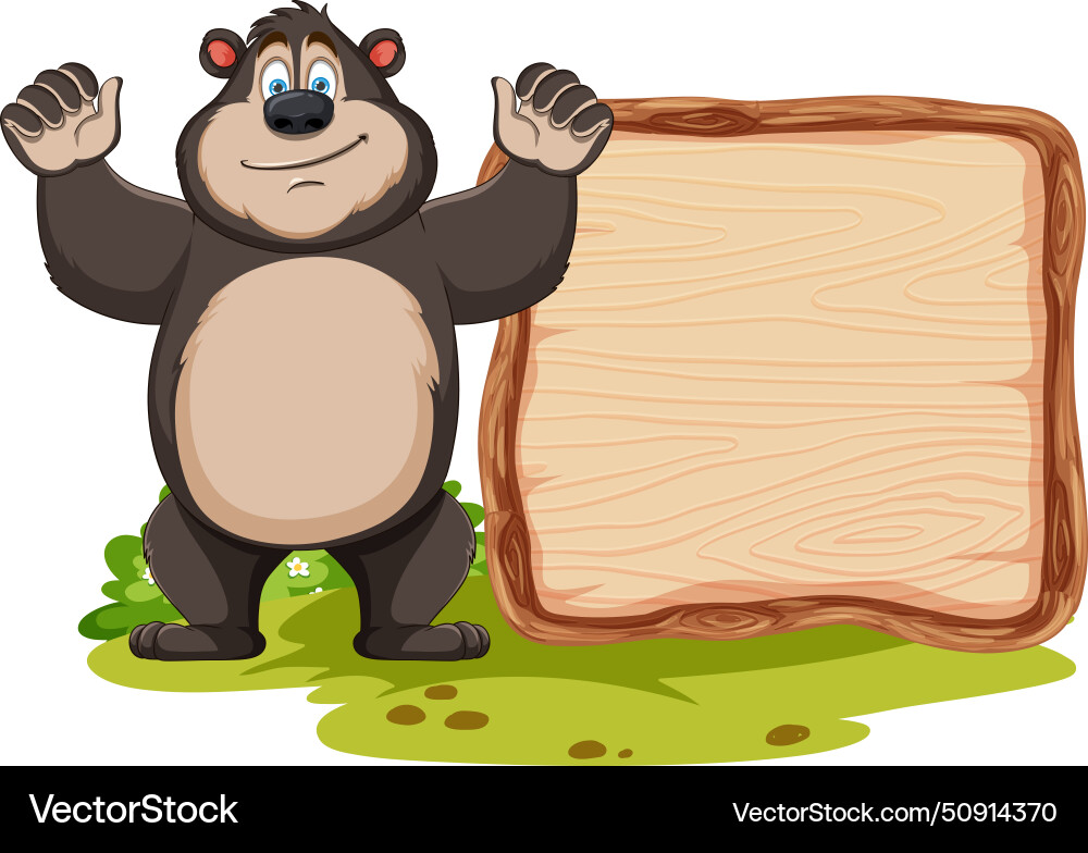 Cartoon bear standing next to a signboard Vector Image