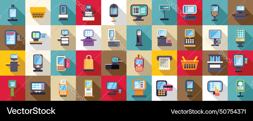 Self service checkout icons set flat Royalty Free Vector