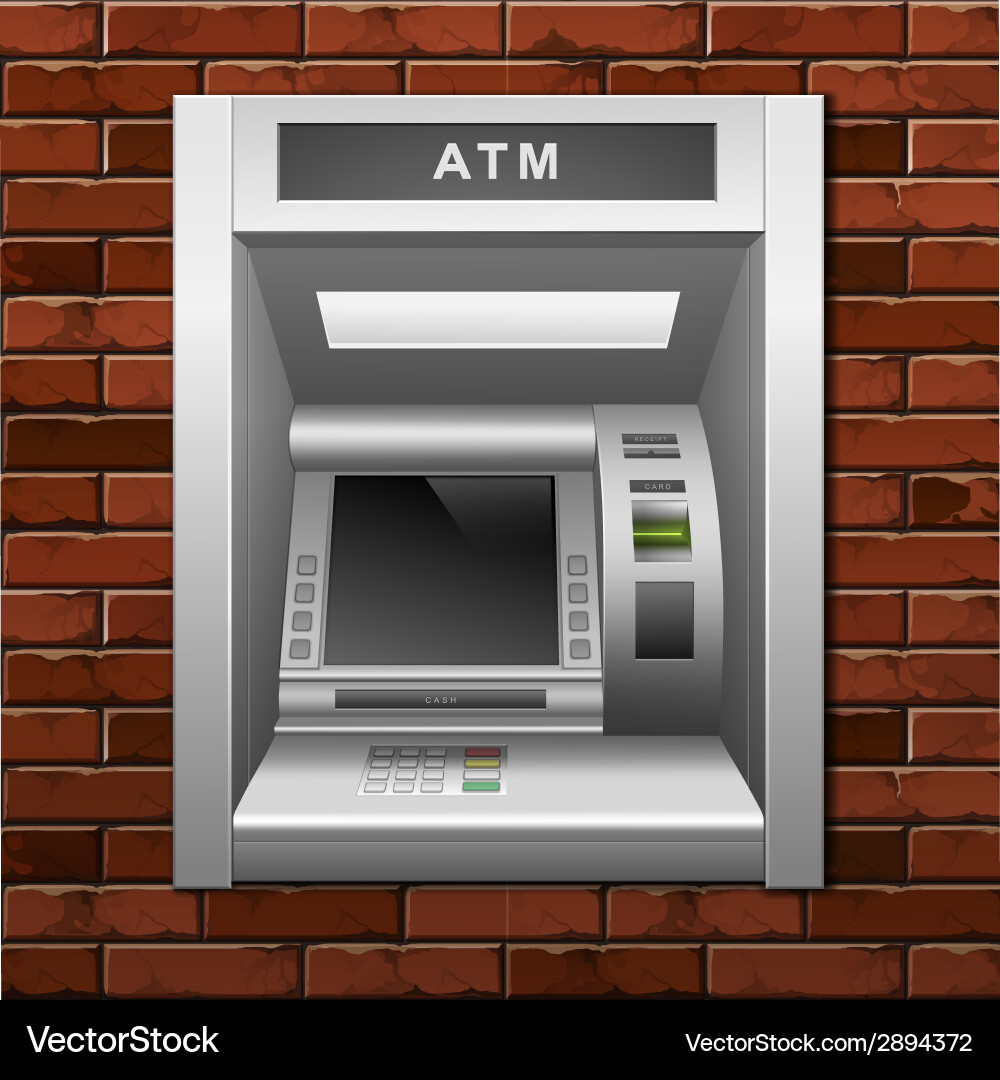 Atm bank cash machine on a brick wall background Vector Image