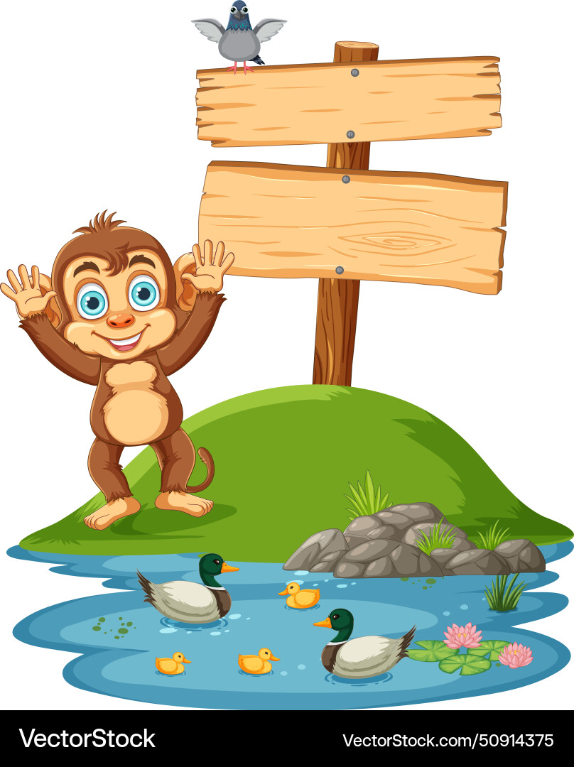 Happy monkey with ducks and signpost Royalty Free Vector