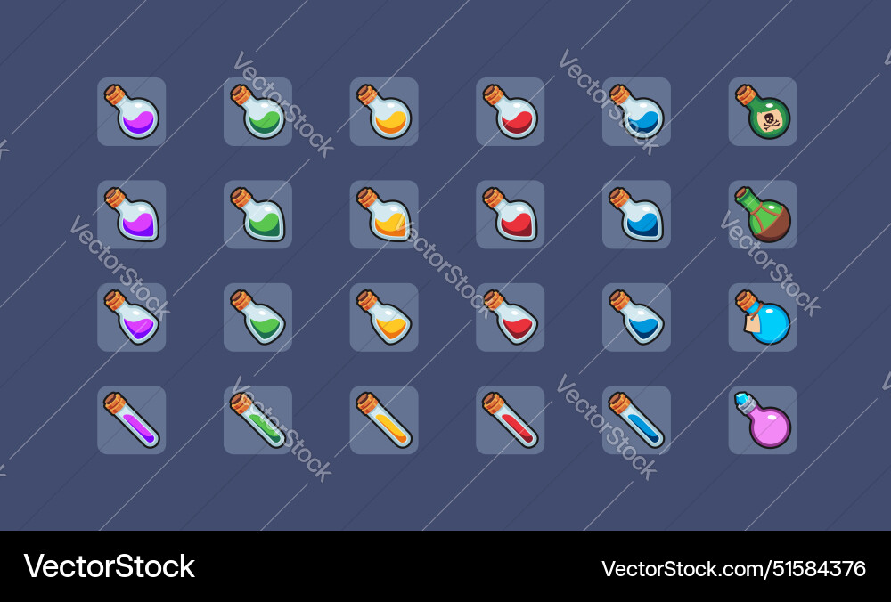 Game icon set of magic potions in flat design Vector Image