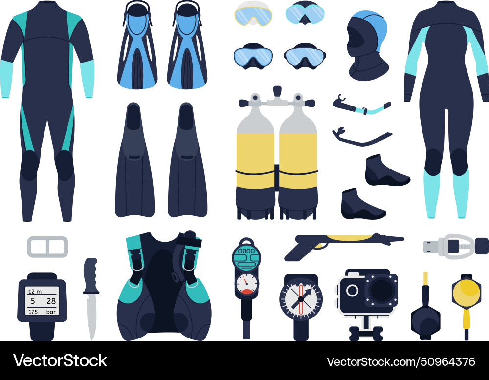Scuba diving equipment divers suits underwater Vector Image