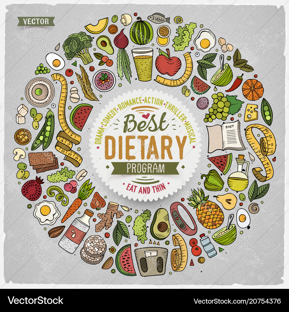 Set of cartoon doodle diet food objects Royalty Free Vector