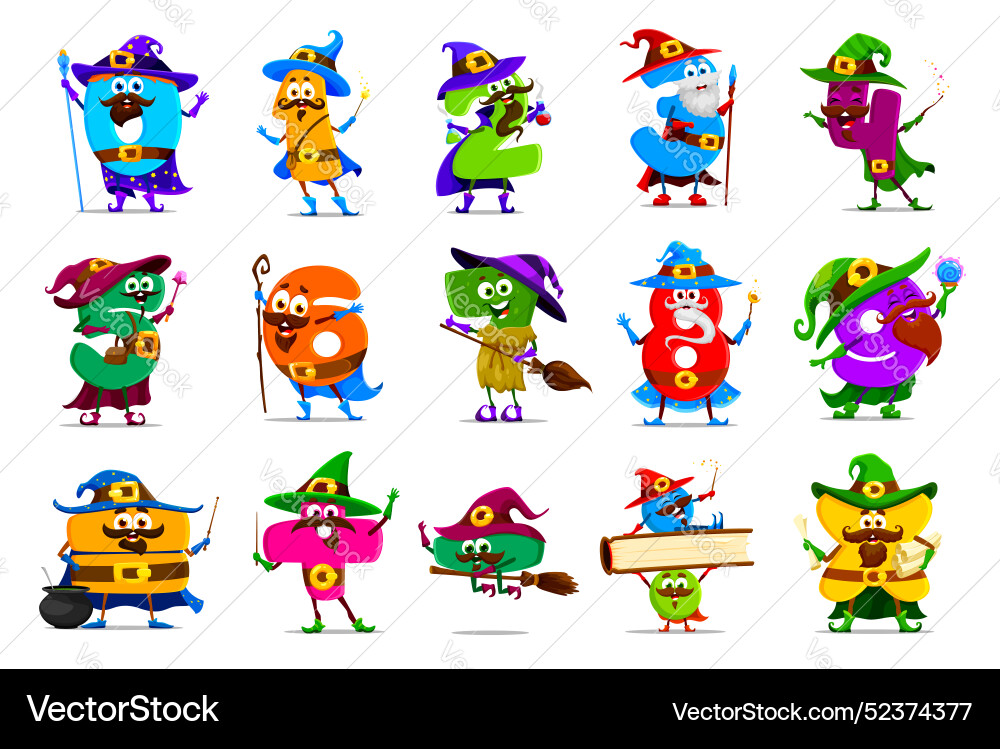 Cartoon halloween math number wizard and mages Vector Image