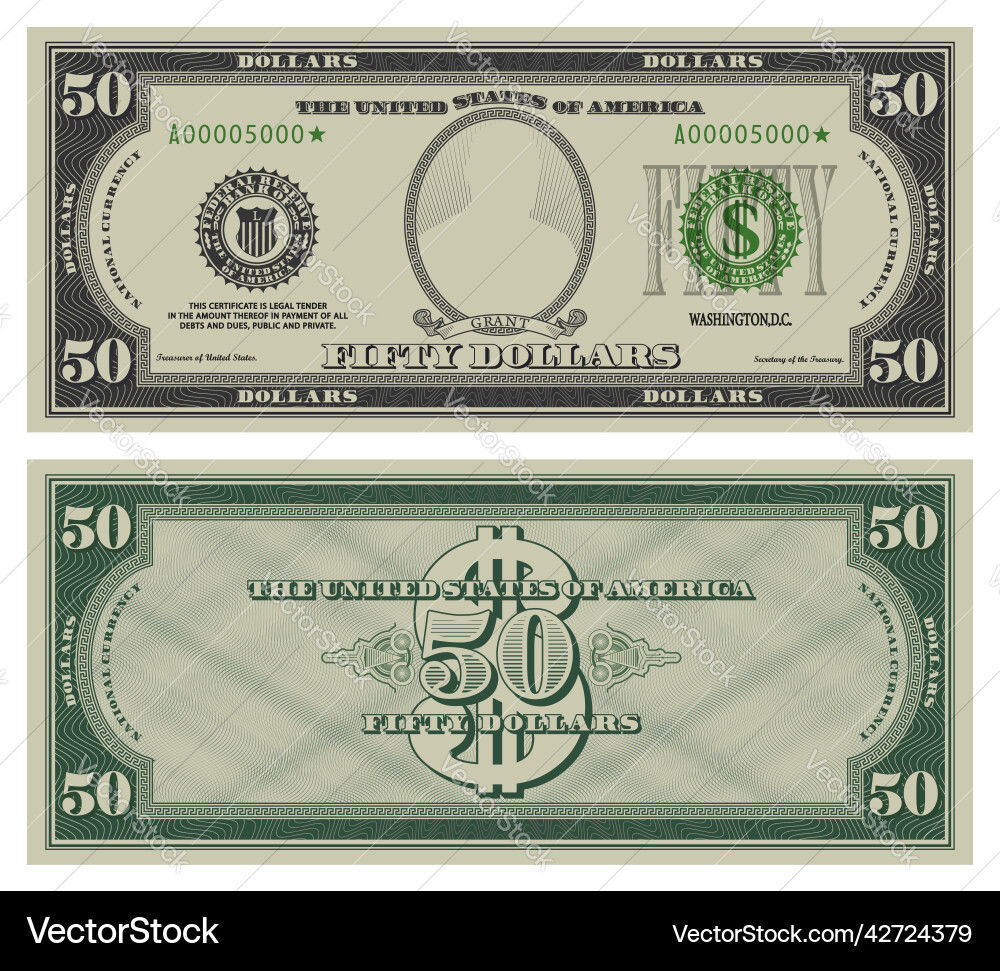 Fifty dollars banknote gray obverse and green Vector Image