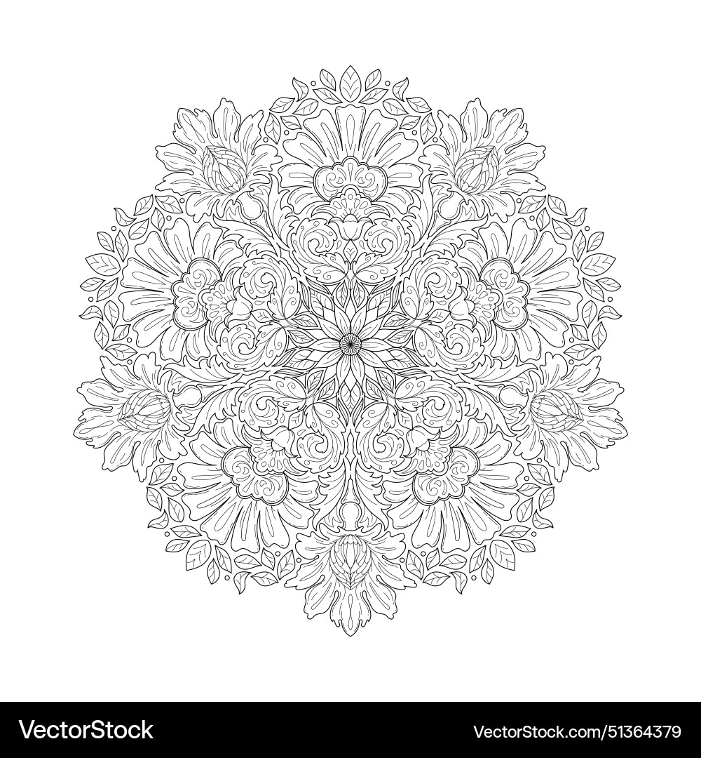 Floral mandala drawing flowers leaves Royalty Free Vector