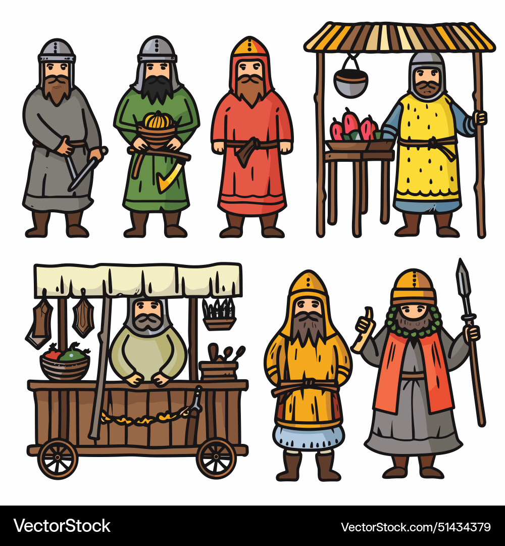 Medieval characters market stall colorful Vector Image