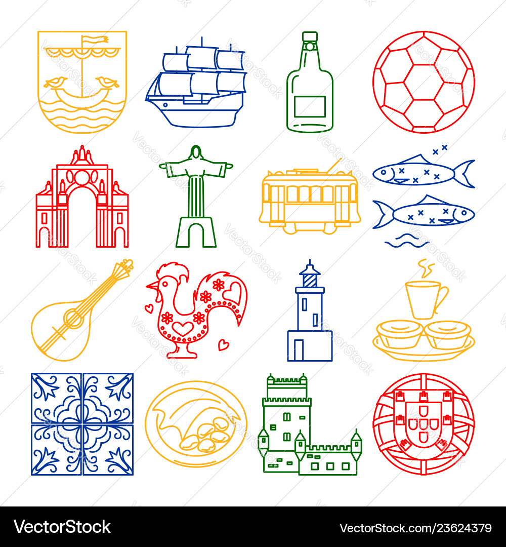 Portugal icons set in thin line style Royalty Free Vector