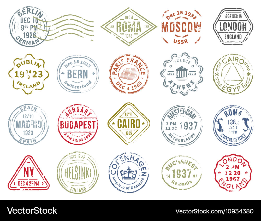 Colorful postal stamps set Royalty Free Vector Image