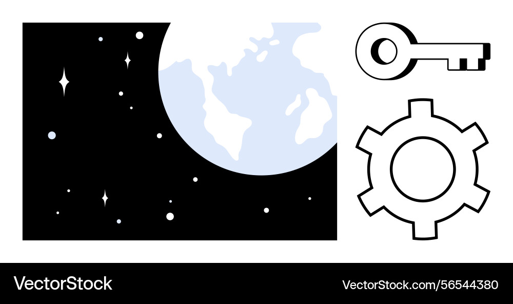 Earth in space with gear and key representing Vector Image