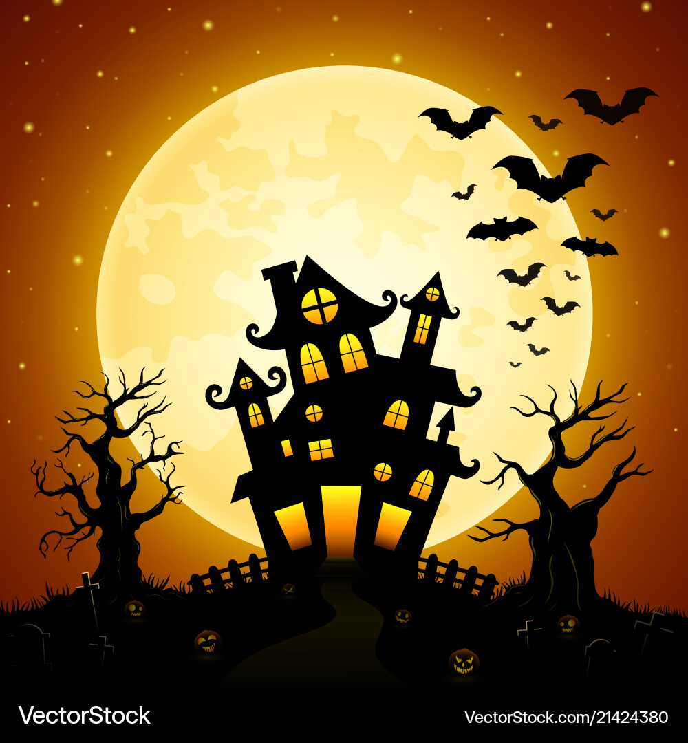 Halloween night background with castle bats tree Vector Image