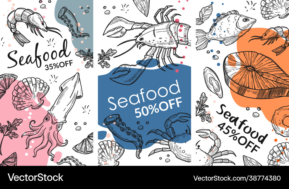 Seafood in restaurant or cafe dishes with fish Vector Image