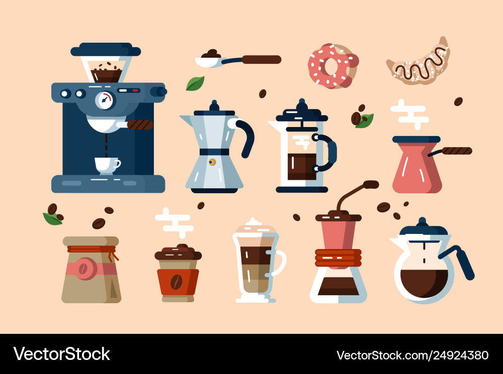 Set various coffee machines and tools Royalty Free Vector