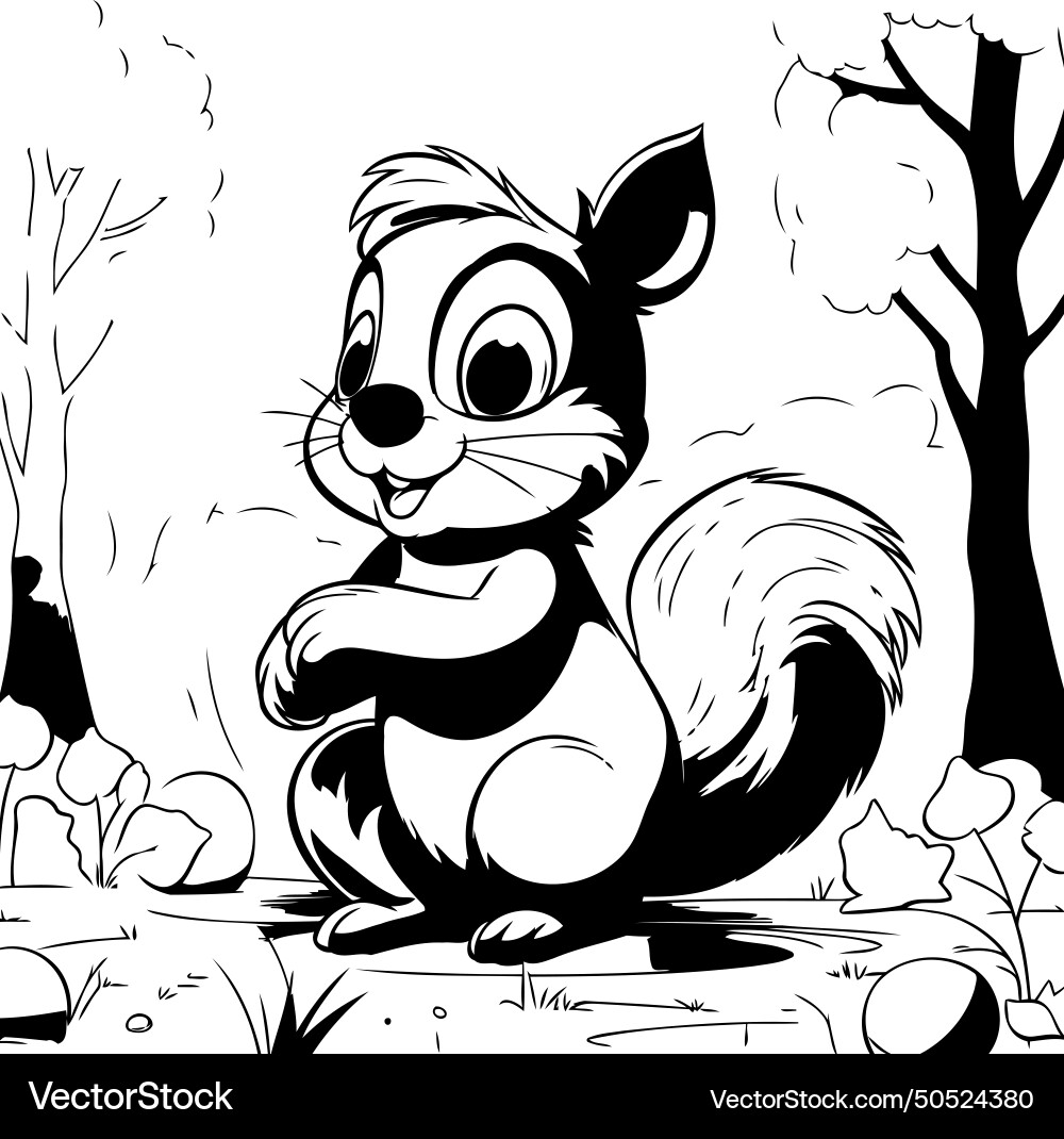 Squirrel in the forest black and white Royalty Free Vector