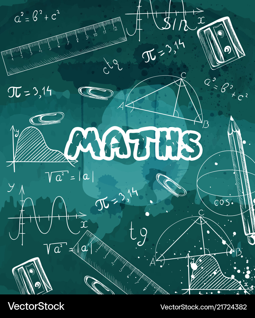 Math formulas and crayons drawn on a chalkboard Vector Image