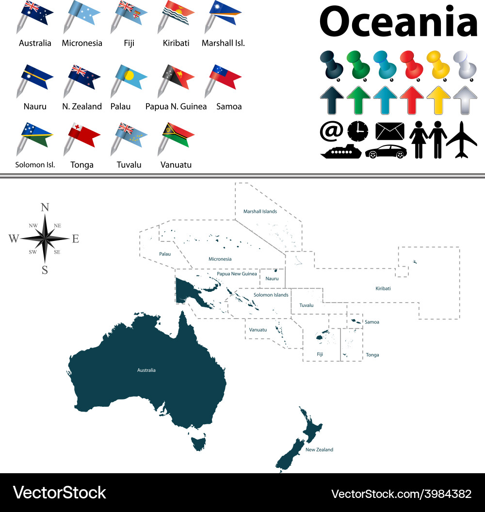 Oceania political map with flags small Royalty Free Vector