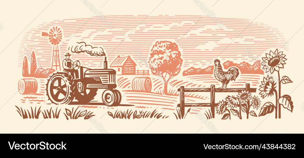 Rural Farm Scene with Tractor & Rooster Vector Image