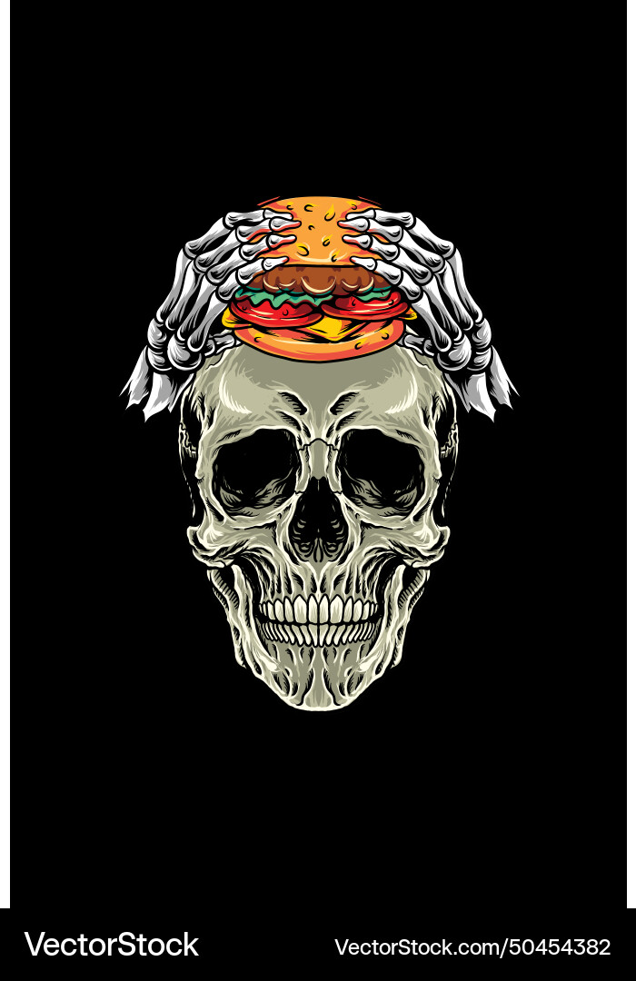 Skull with burger and hand Royalty Free Vector Image