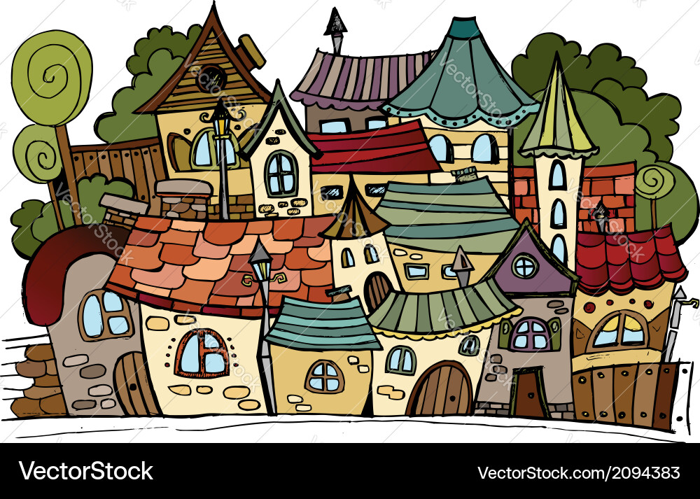 Cartoon fairy tale drawing town Royalty Free Vector Image