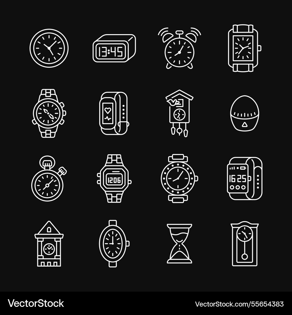 Clock line white icon set on black background Vector Image