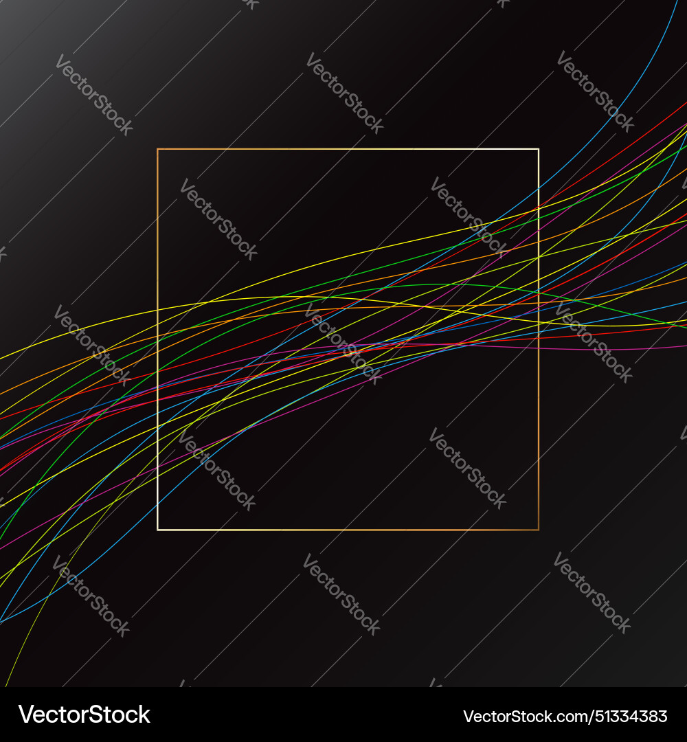 Colored wave threads and golden square on black Vector Image