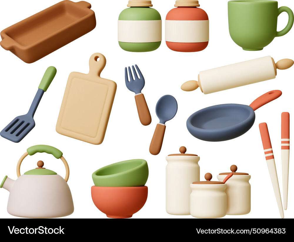 Kitchen 3d tools and crockery realistic render Vector Image