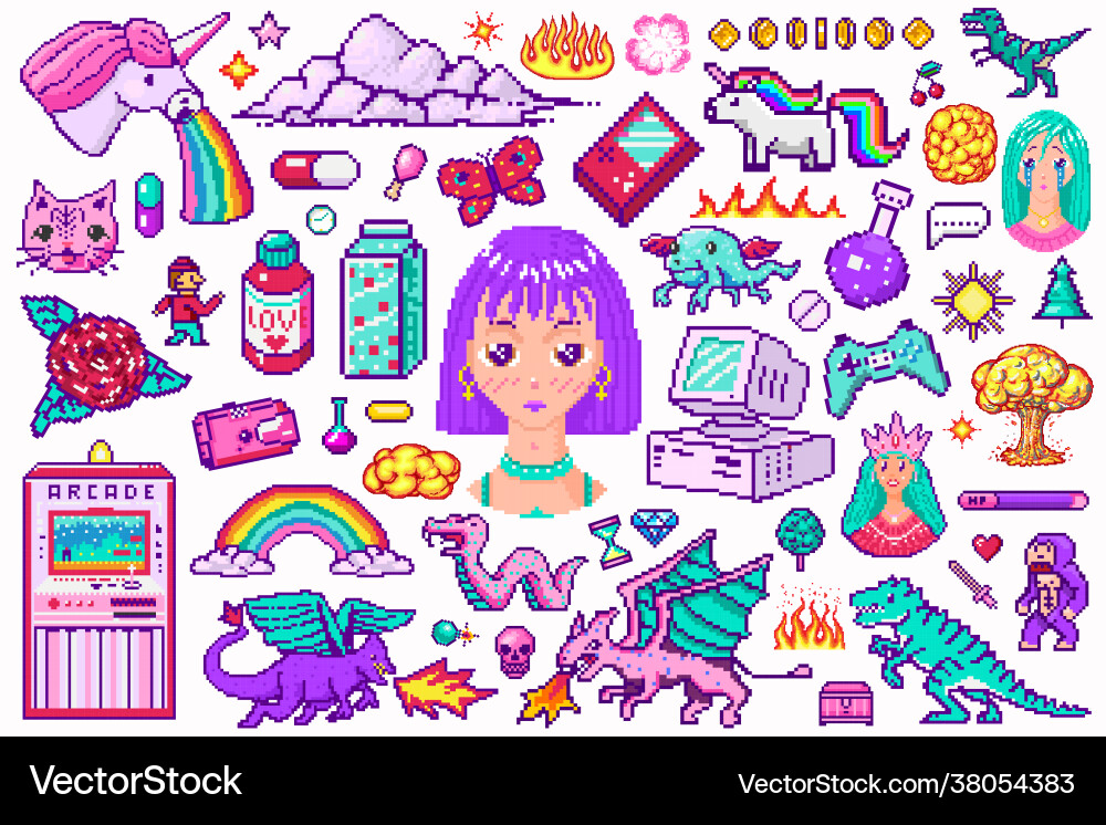 Pixel art 8 bit objects retro digital game assets Vector Image