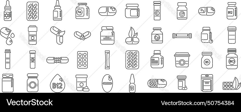 Dietary supplements icons set outline Royalty Free Vector