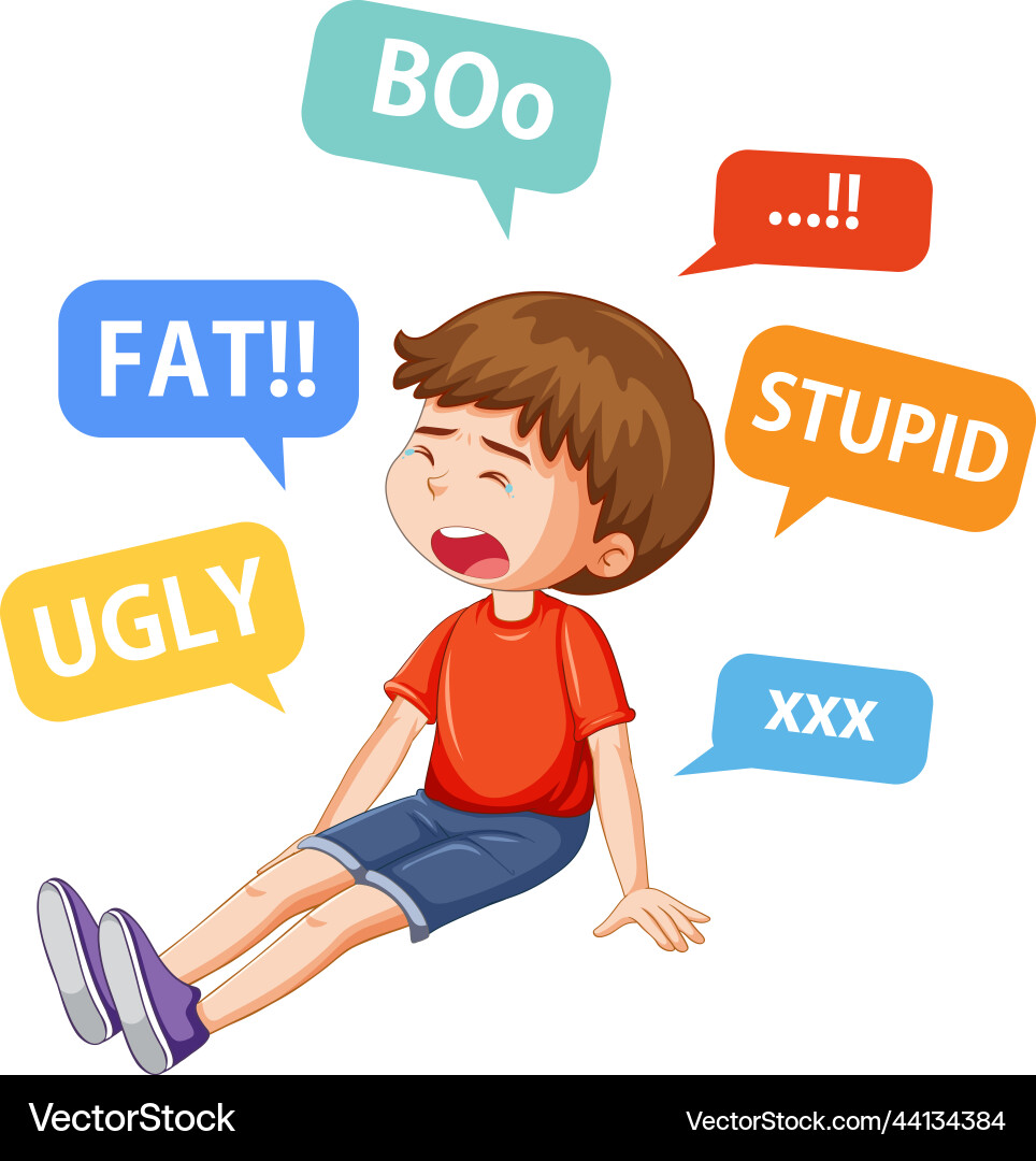 Sad boy surrounded by bullying words Royalty Free Vector