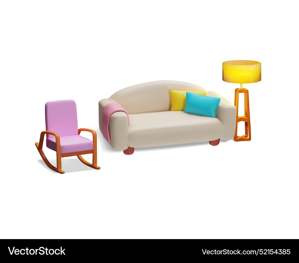 3d pink rocking chair with sofa and lamp Vector Image