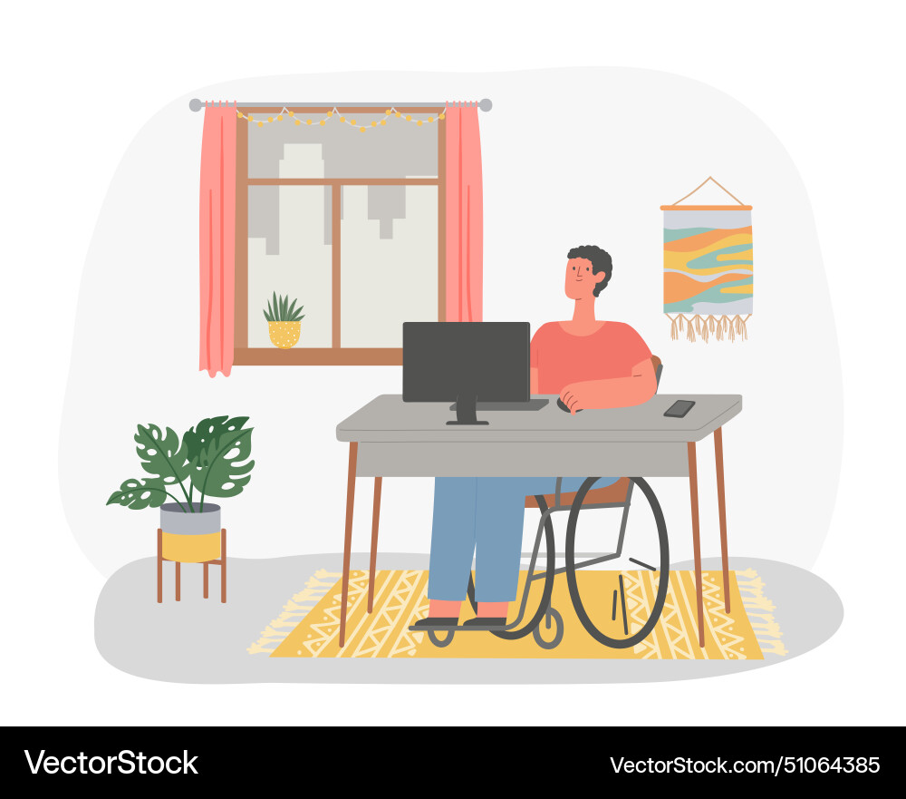 Disabled man in wheelchair working at computer Vector Image