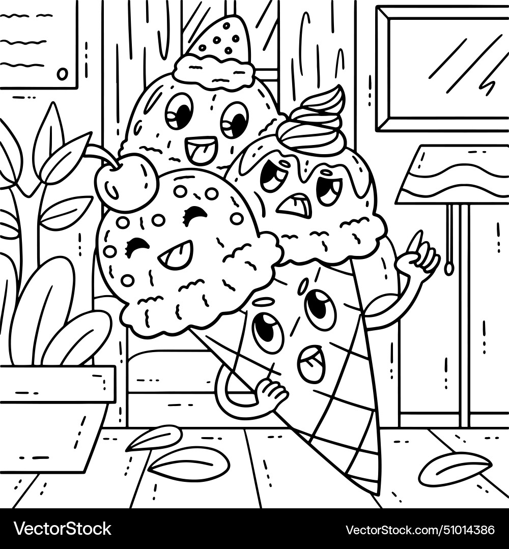Triple scoop ice cream coloring page for kids Vector Image