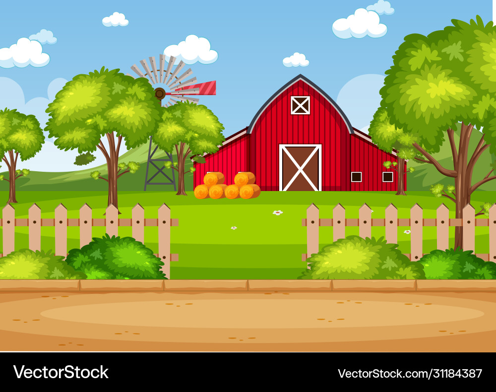 Background scene with red barn on farm Royalty Free Vector