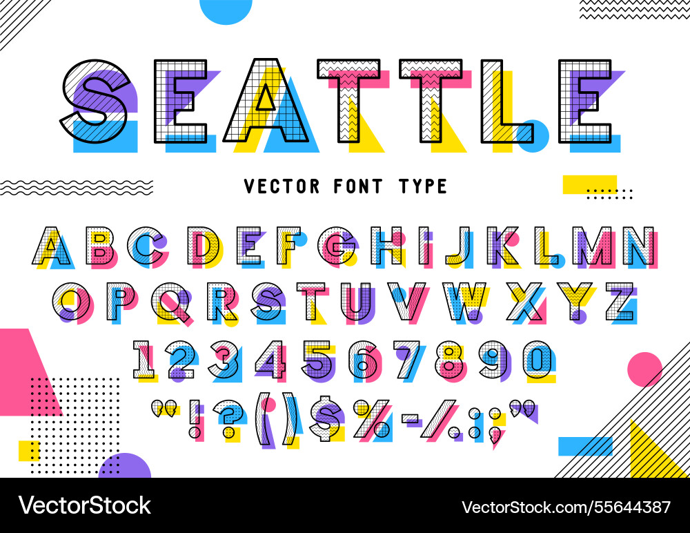 Modern memphis font alphabet party geometric type Vector Image