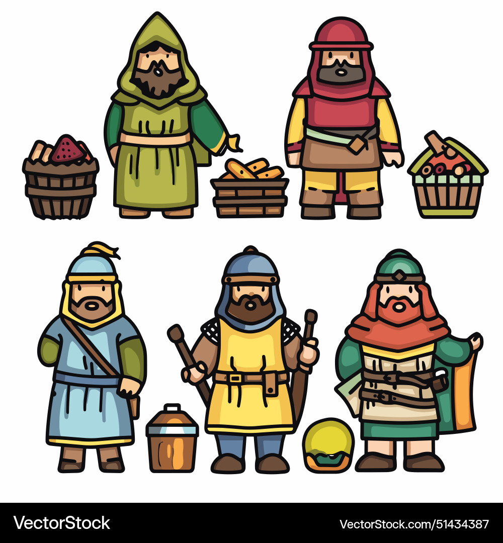 Six medieval cartoon characters diverse roles Vector Image