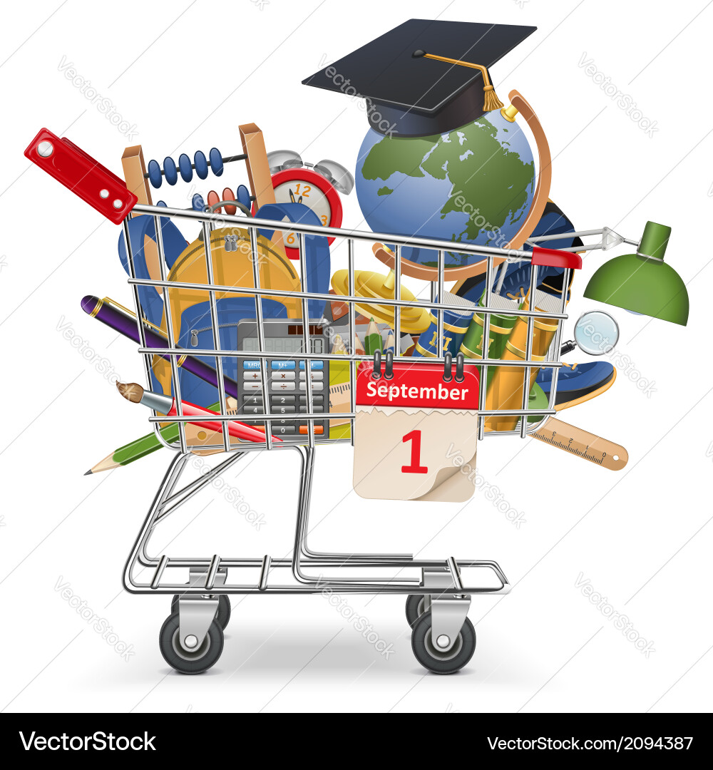 Trolley with school supplies Royalty Free Vector Image