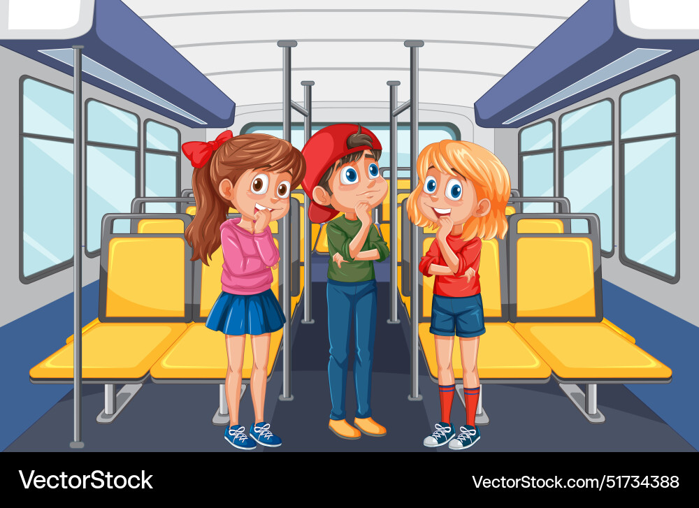 Three kids standing inside a bus Royalty Free Vector Image