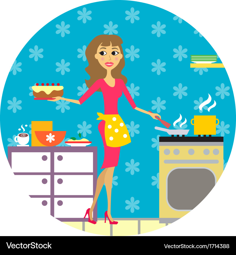 Woman cooks in kitchen Royalty Free Vector Image