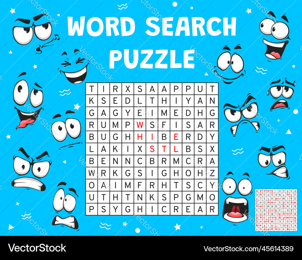 Cartoon emoji face expression word search puzzle Vector Image