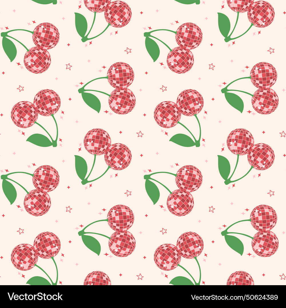 Disco ball cherry seamless pattern groovy retro Vector Image