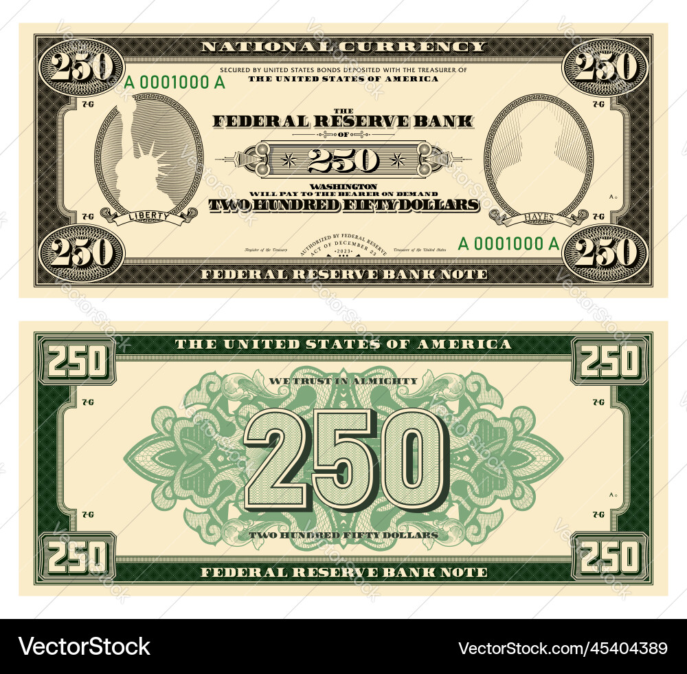 New 250 dollars banknote obverse and reverse Vector Image