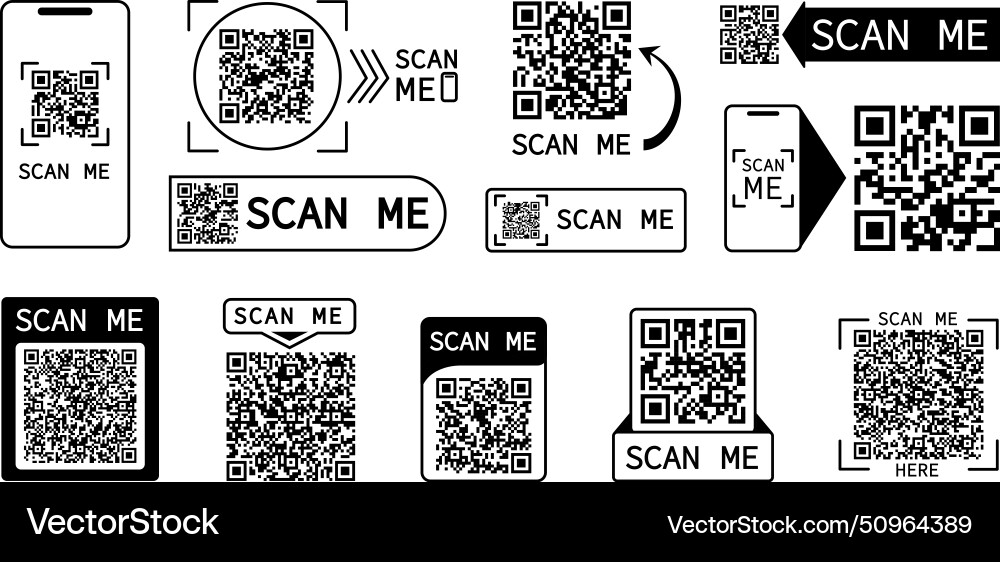 Scan me badges qr codes in frames for scanning of Vector Image