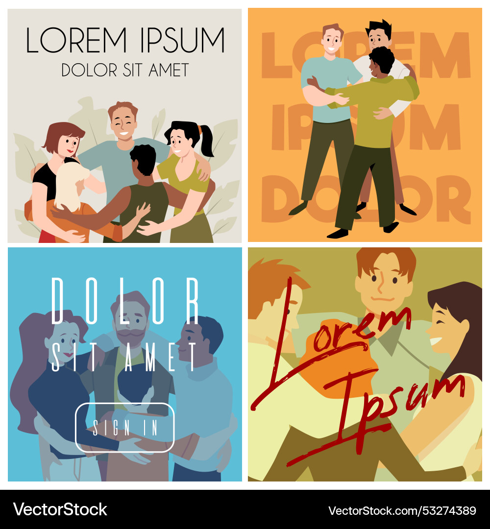 Young people group hug posters set happy Vector Image